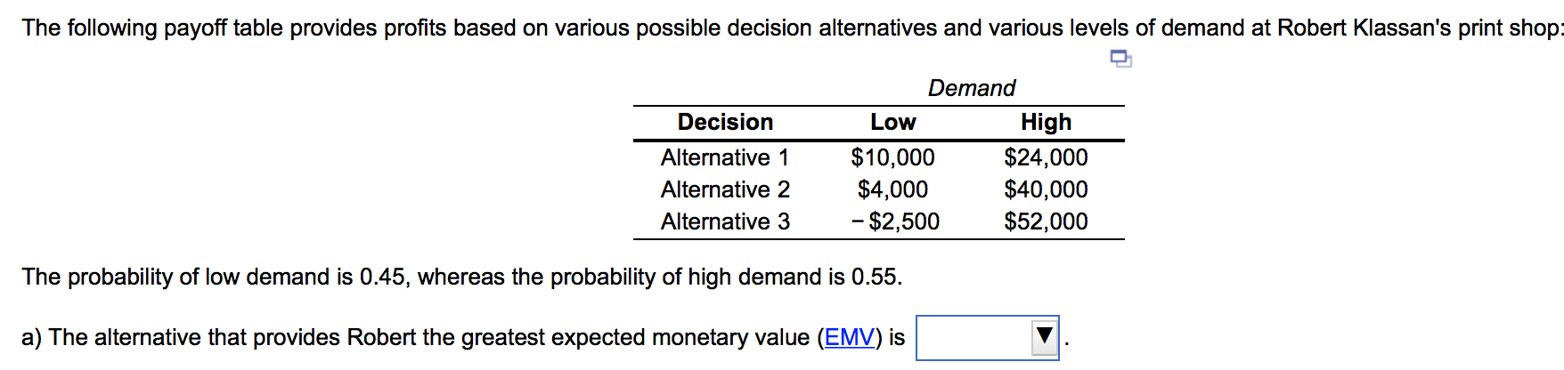 Solved The following payoff table provides profits based on | Chegg.com