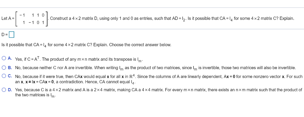 Solved LetA-1110 1-101 Construct a 4x2 matrix D, using only | Chegg.com