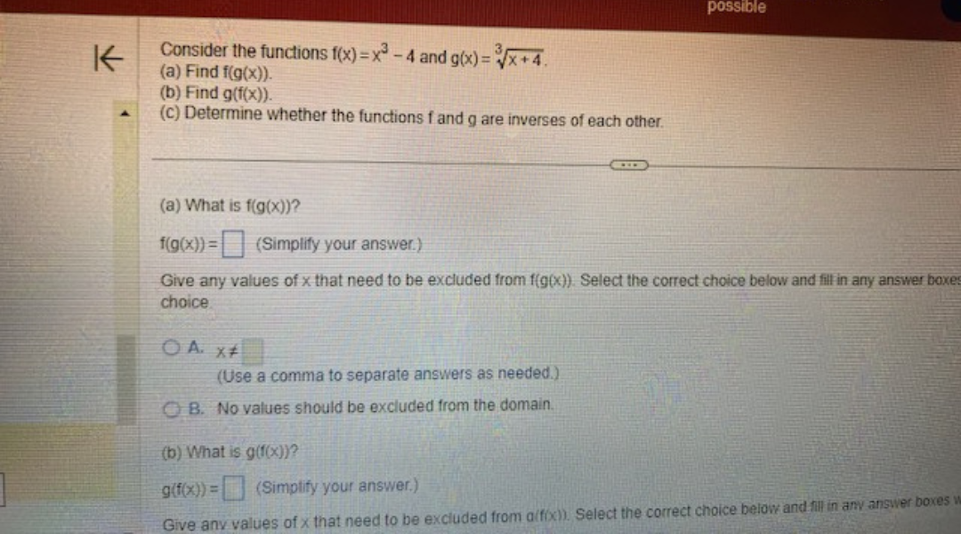 Solved Consider the functions f(x)=x3−4 and g(x)=3x+4. (a) | Chegg.com