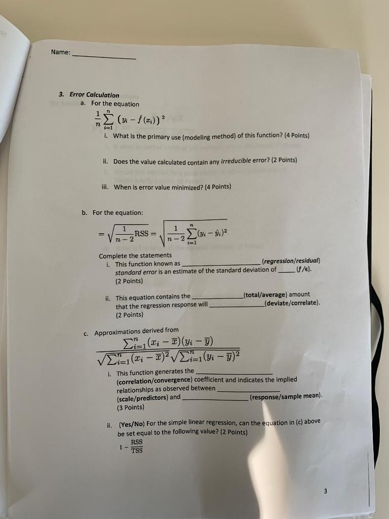 3. Error Calculation a. For the equation | Chegg.com
