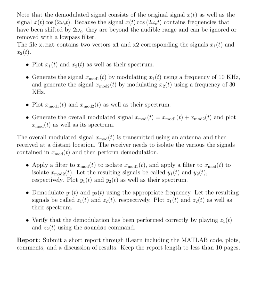 Part 2: Modulation and Demodulation Note: The signals | Chegg.com