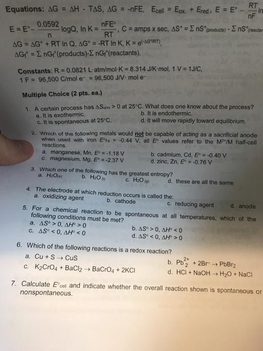 Solved RT. nF E'--in Equations: AG-ΔΗ . TAS, aG--nFE, | Chegg.com