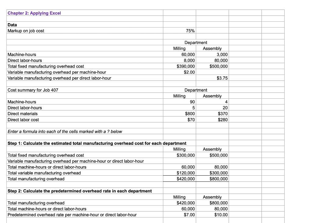 Solved Chapter 2: Applying Excel Data Markup on job cost 75% | Chegg.com