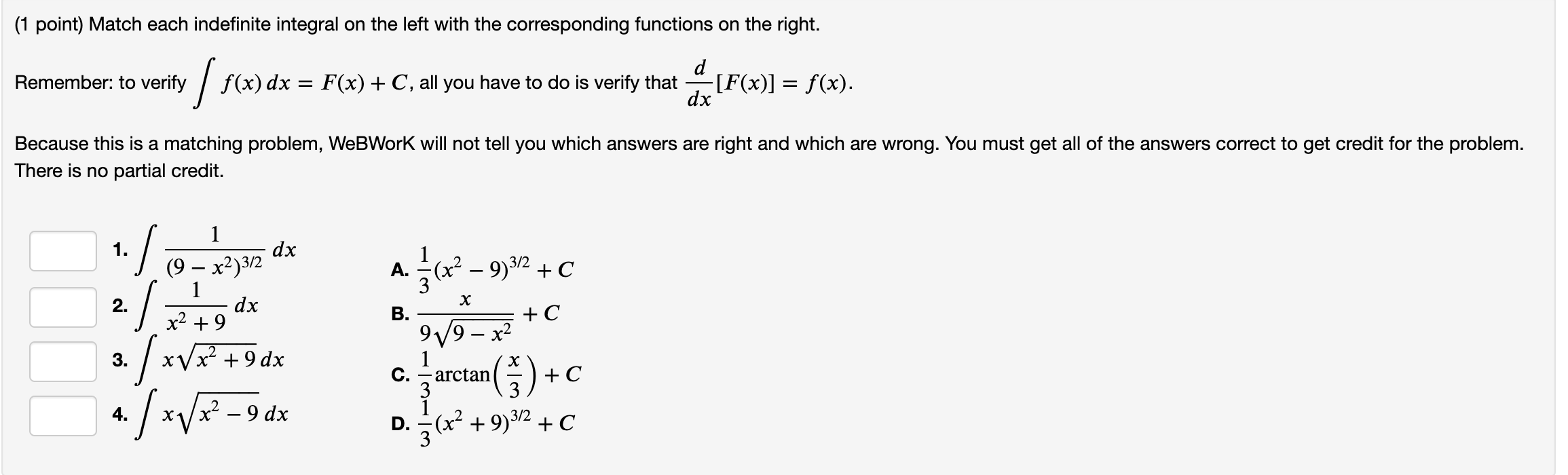 Solved (1 point) Match each indefinite integral on the left | Chegg.com