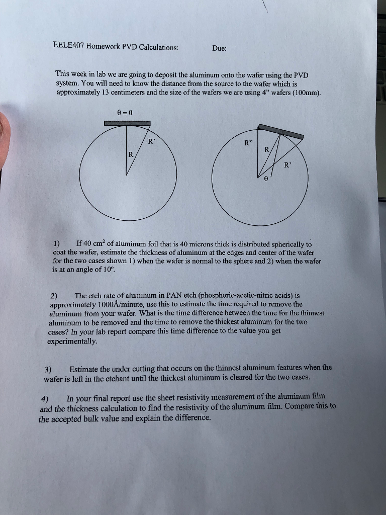 EELE407 Homework PVD Calculations: Due: This week in | Chegg.com