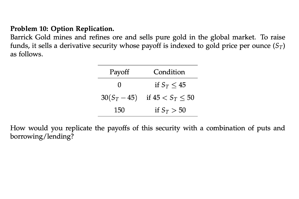 Problem 10: Option Replication. Barrick Gold mines | Chegg.com