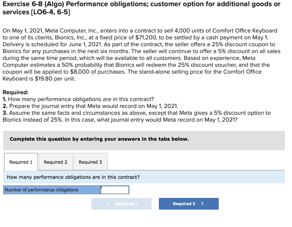 Solved Exercise 6-8 (Algo) Performance obligations; customer | Chegg.com