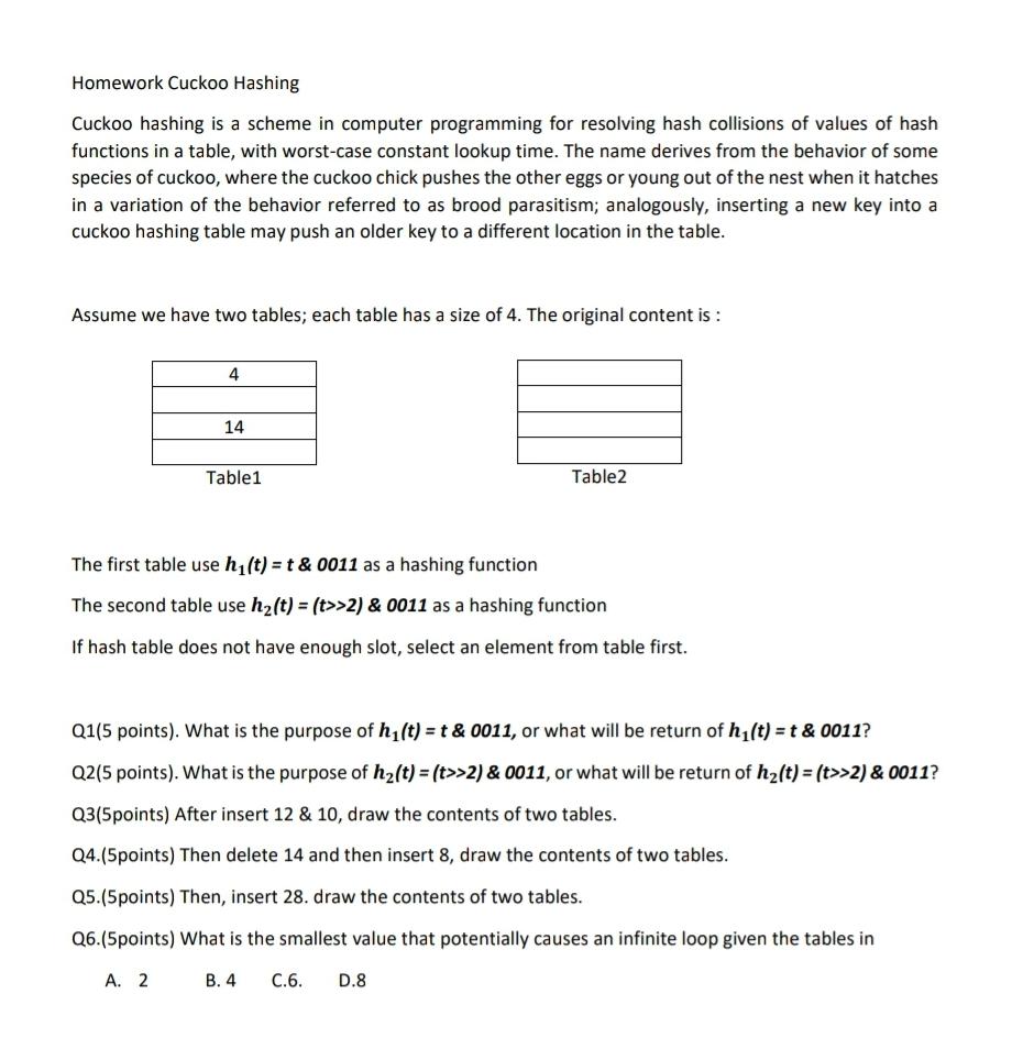 Homework Cuckoo Hashing Cuckoo hashing is a scheme in | Chegg.com