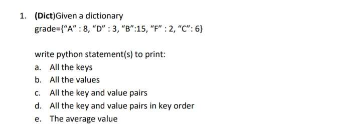Solved 1. (Dict)Given a dictionary grade={"A":8,"D": 3, | Chegg.com