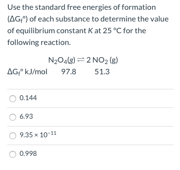 Solved Use the standard free energies of formation (AG) of | Chegg.com