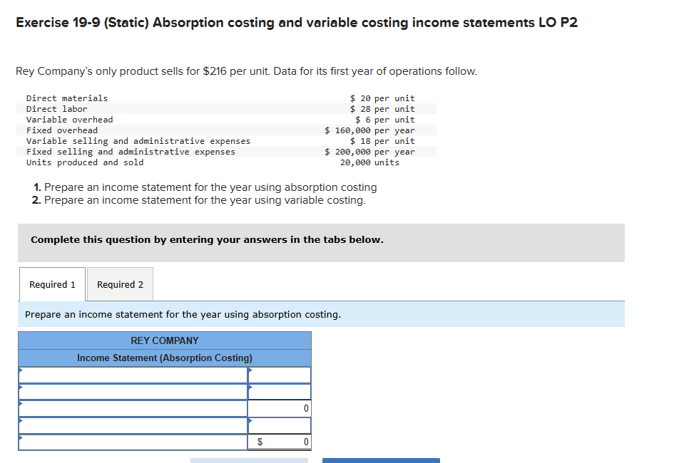 Solved Exercise 19-9 (Static) ﻿Absorption costing and | Chegg.com