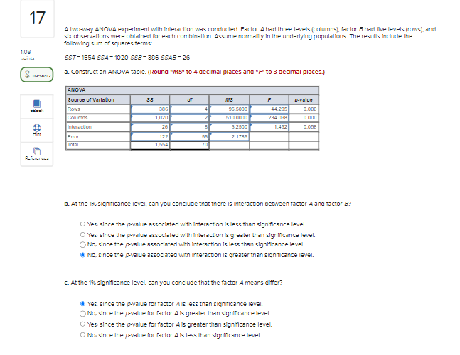 Solved A two-way ANOVA experiment with interaction was | Chegg.com