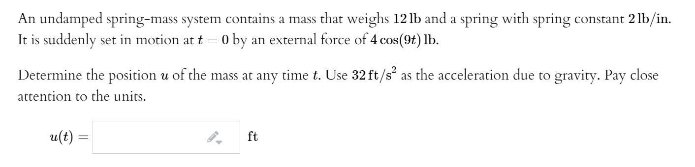 Solved An undamped spring-mass system contains a mass that | Chegg.com