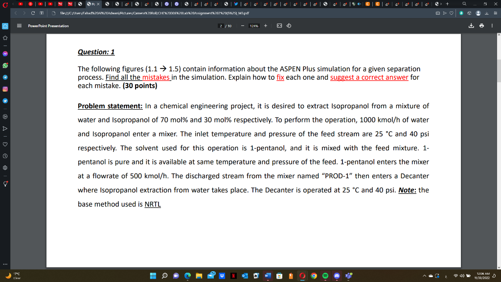 Solved Figure 1.5 Aspen Simulation for isopropanol | Chegg.com