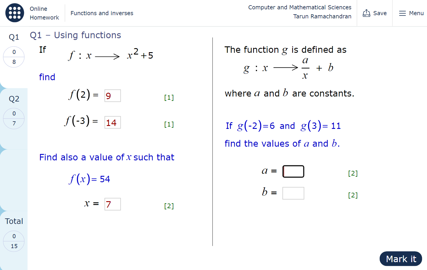 Solved :: Online Homework Functions and inverses Computer | Chegg.com