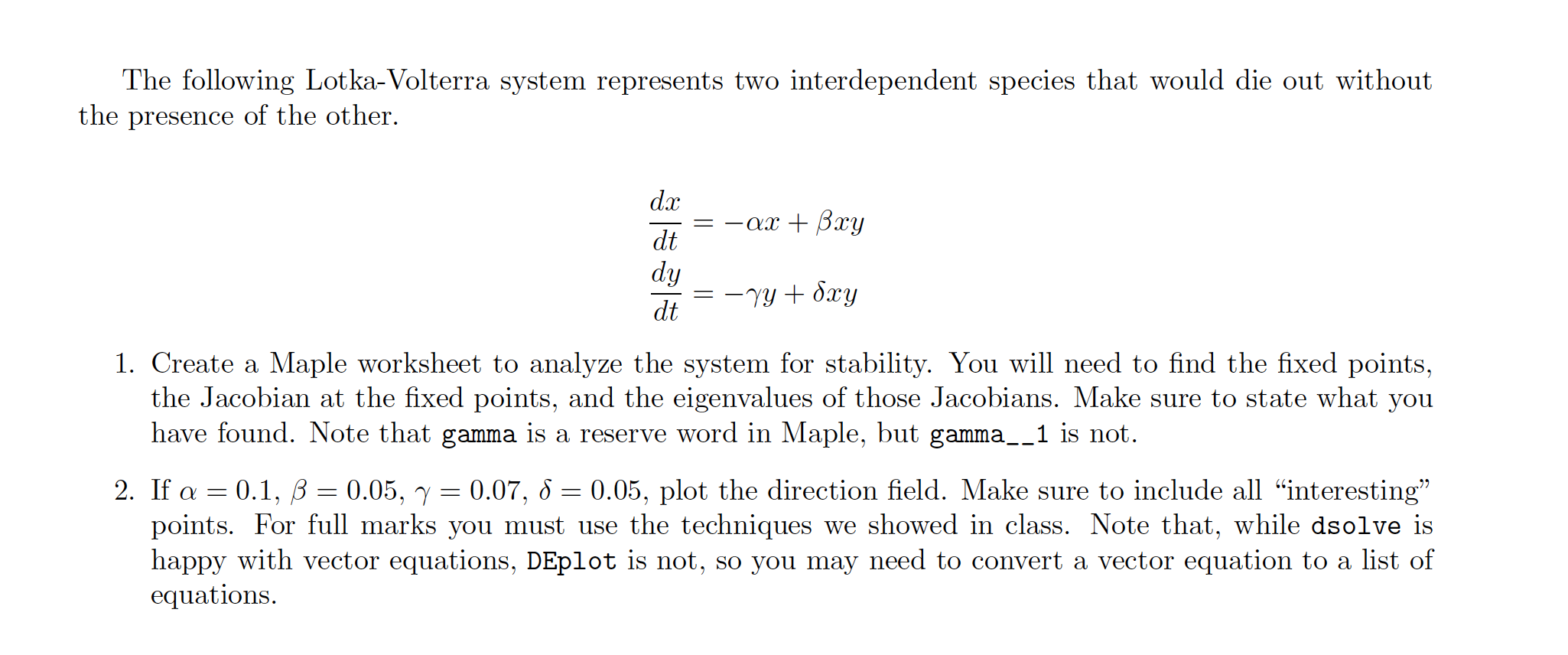The following Lotka-Volterra system represents two | Chegg.com