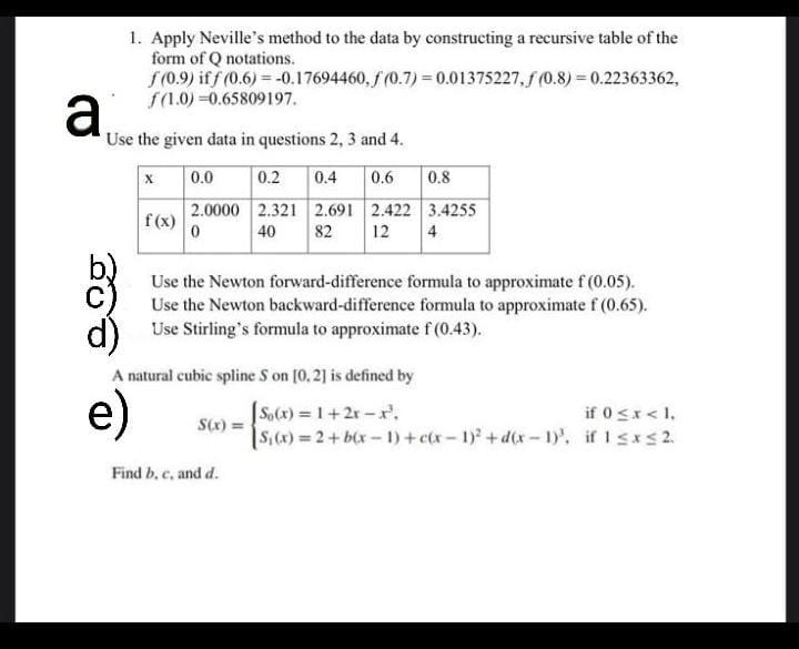 Solved 1. Apply Neville's method to the data by constructing | Chegg.com