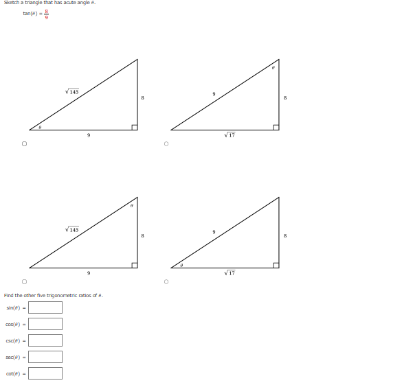 Solved Shetch a triangle that has acute angle fo. tan(θ)=9B | Chegg.com