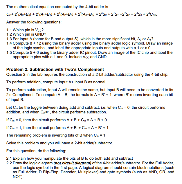 Solved The mathematical equation computed by the 4-bit adder | Chegg.com