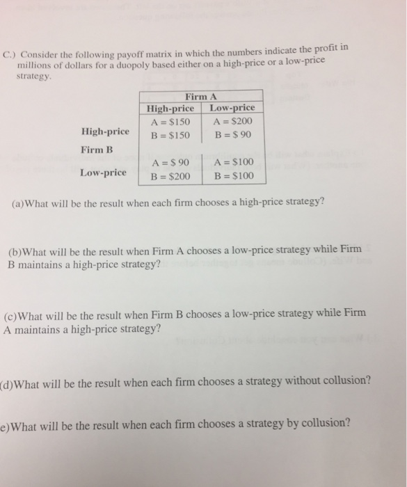 Solved Consider the following payoff matrix in which the | Chegg.com