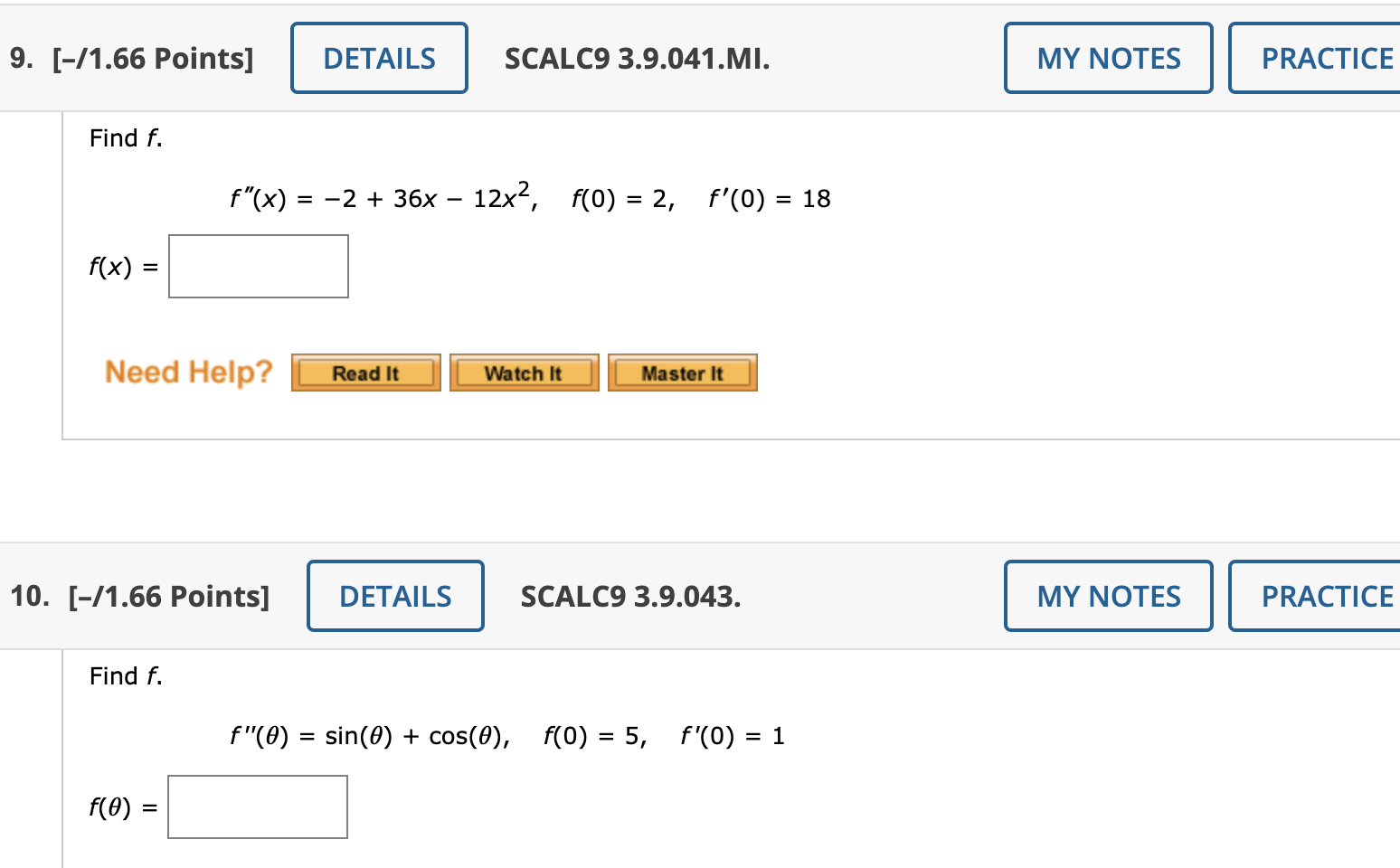 Solved Find f. f′′(x)=−2+36x−12x2,f(0)=2,f′(0)=18 f(x)= | Chegg.com