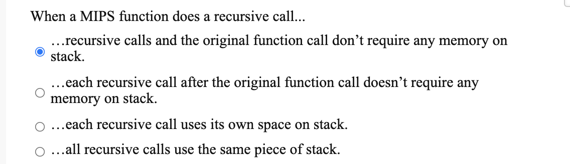 Solved When a MIPS function does a recursive call... | Chegg.com