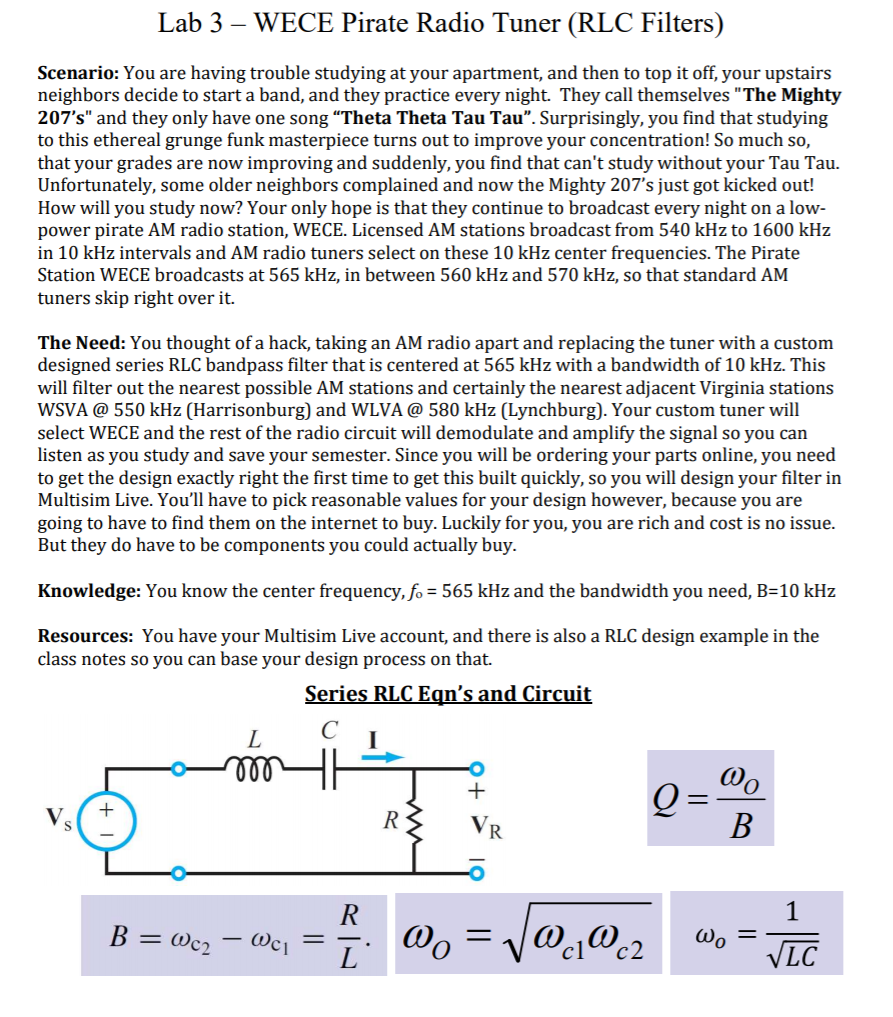Lab 3 – WECE Pirate Radio Tuner (RLC Filters) | Chegg.com