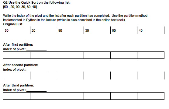 Solved Q2 Use the Quick Sort on the following list: [50, 20, | Chegg.com