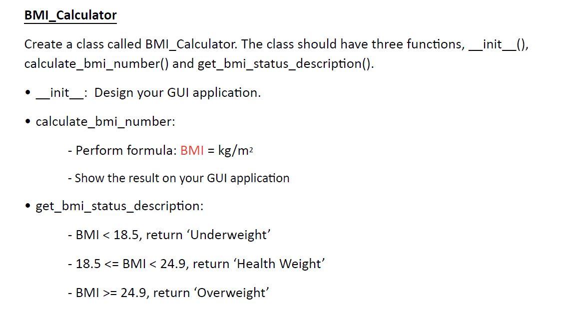 Solved BMI_Calculator Create a class called BMI_Calculator. | Chegg.com