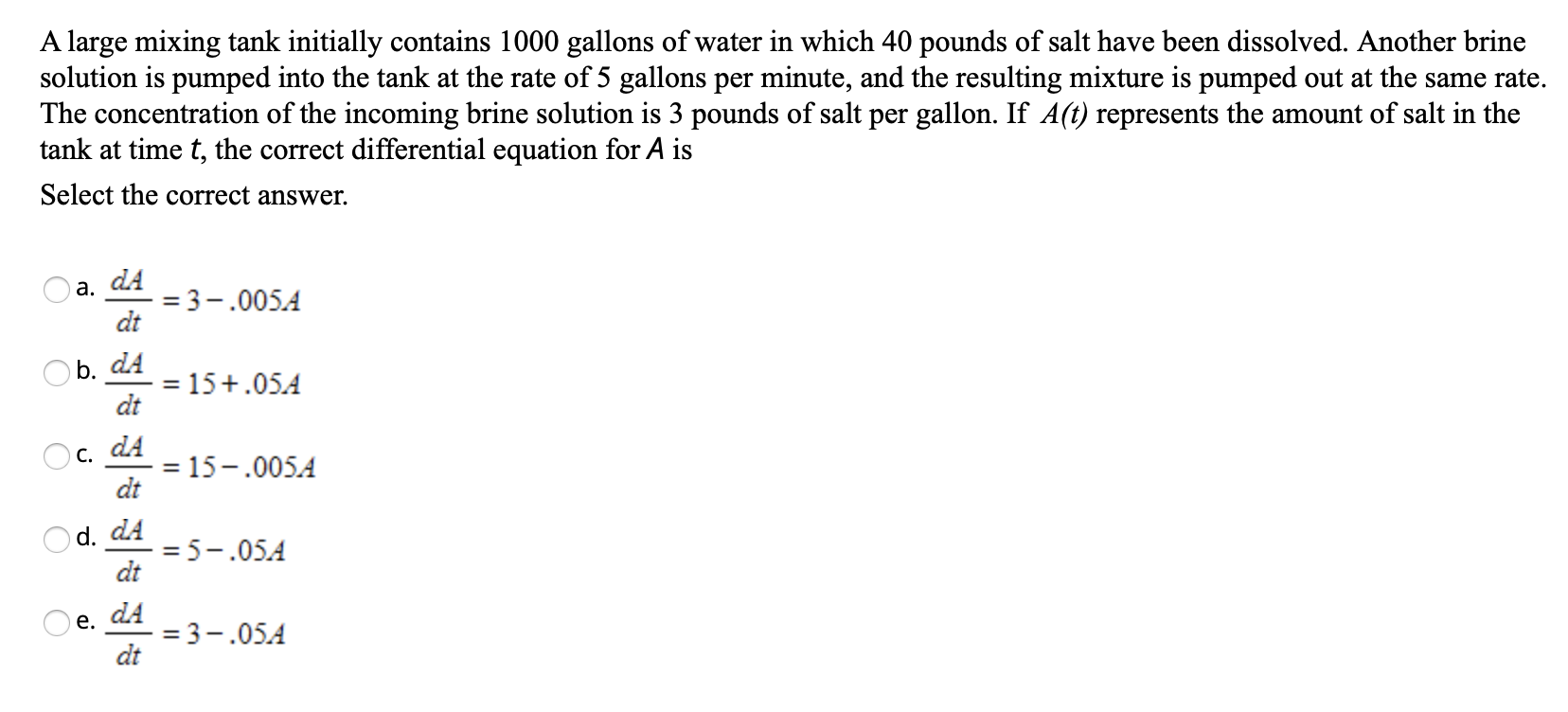 Solved A large mixing tank initially contains 1000 gallons | Chegg.com