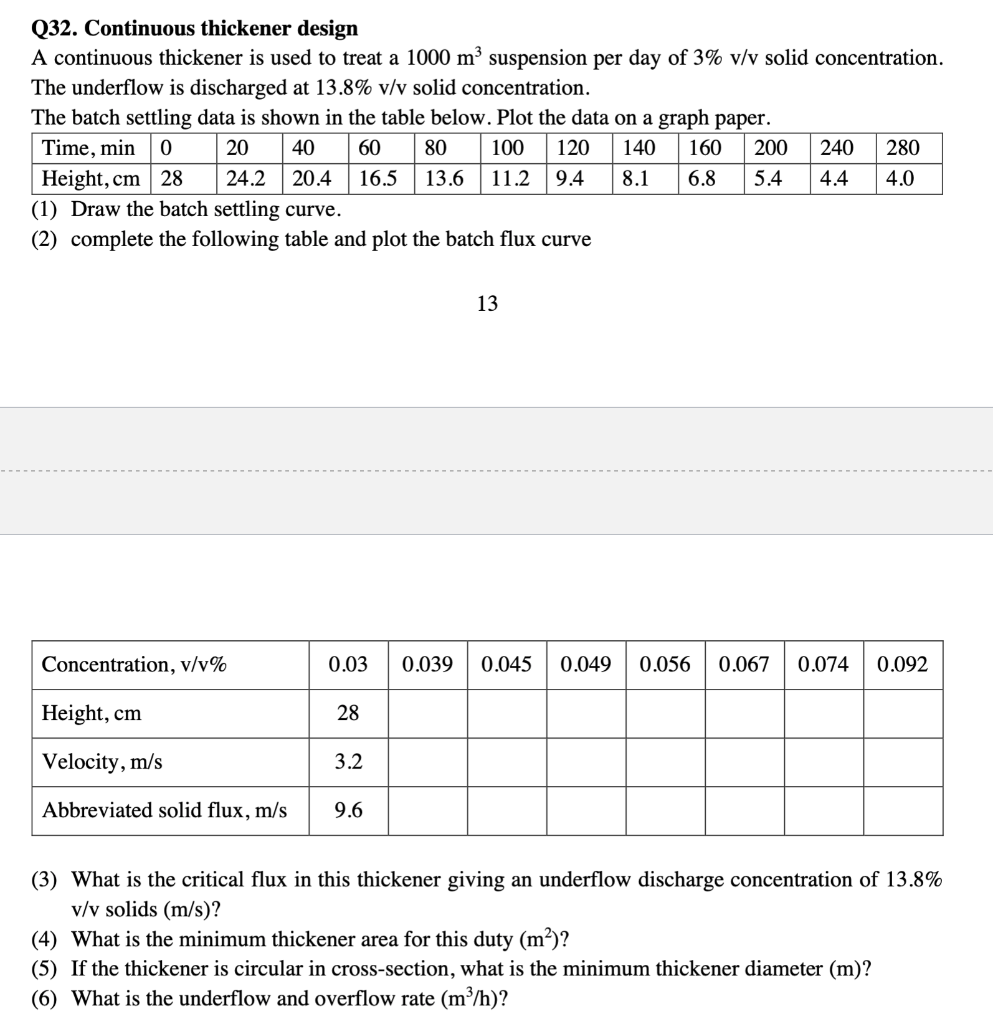 Q32. Continuous thickener design A continuous | Chegg.com
