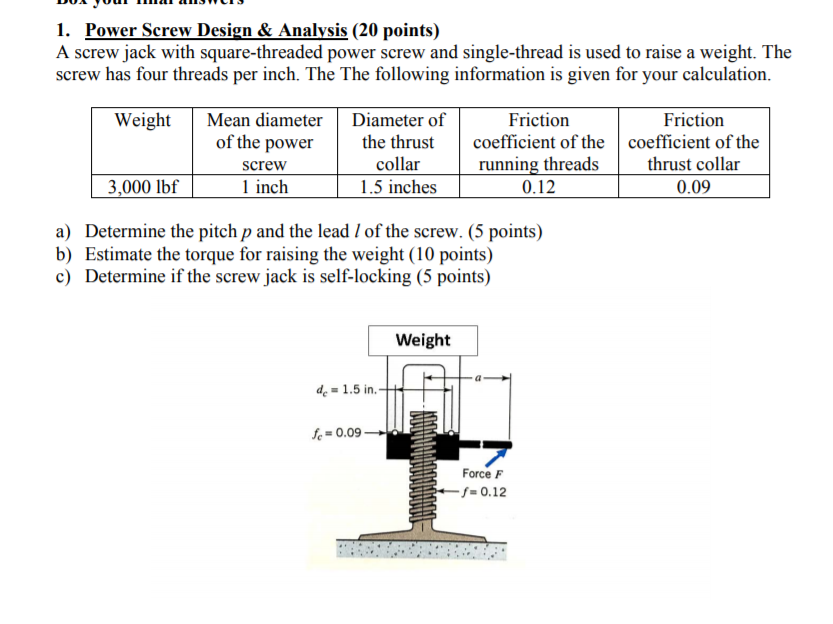 Solved 1. Power Screw Design & Analysis (20 points) A screw | Chegg.com