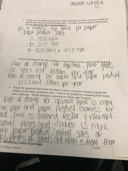 Solved Project I Modeling Linear Functions Wholesale Chegg