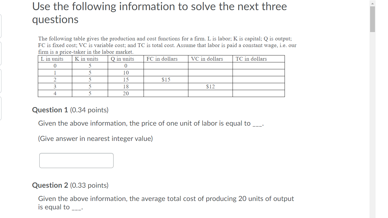 Solved Use the following information to solve the next three | Chegg.com