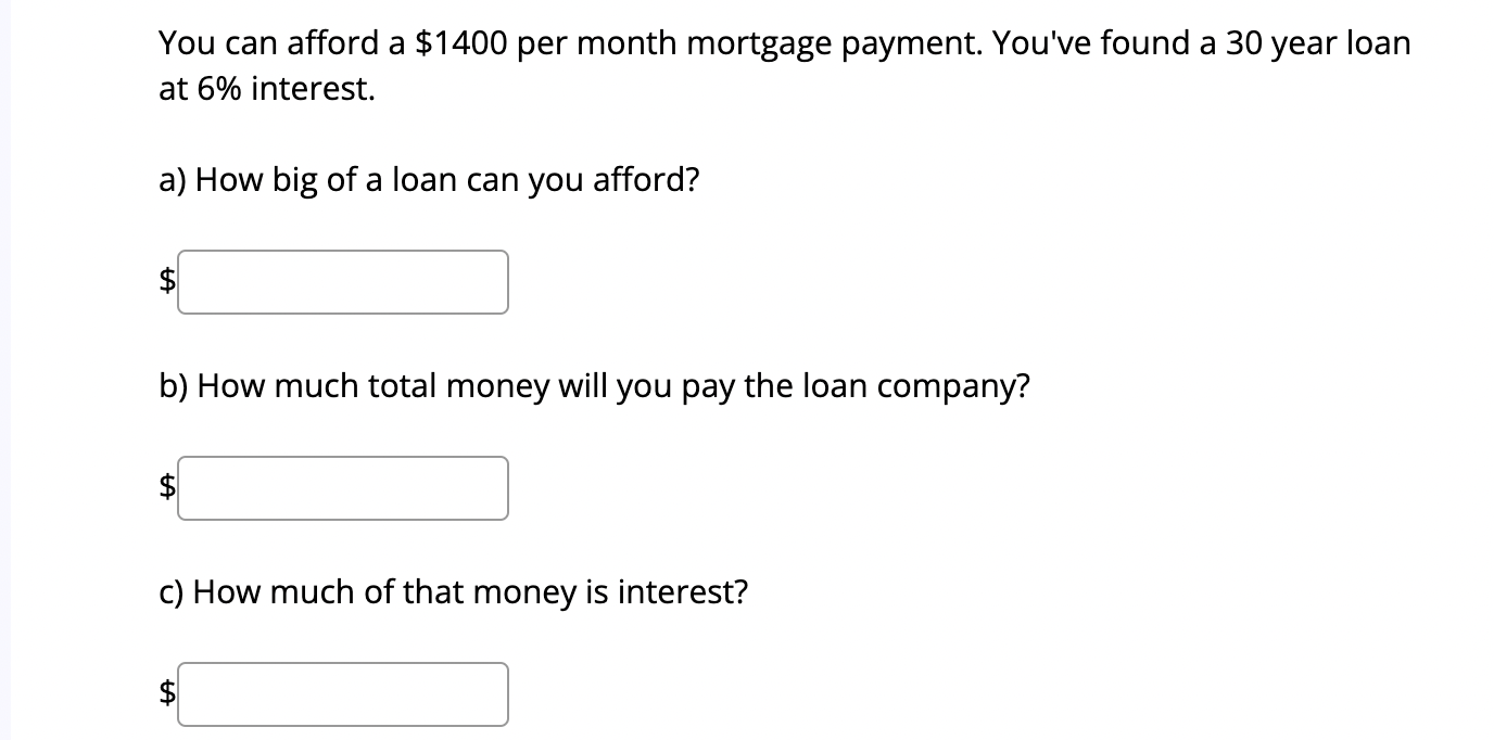 Solved You can afford a $1400 per month mortgage payment. | Chegg.com