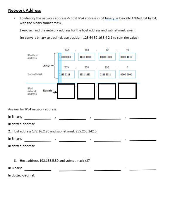 Solved Network Address To identify the network address -> | Chegg.com