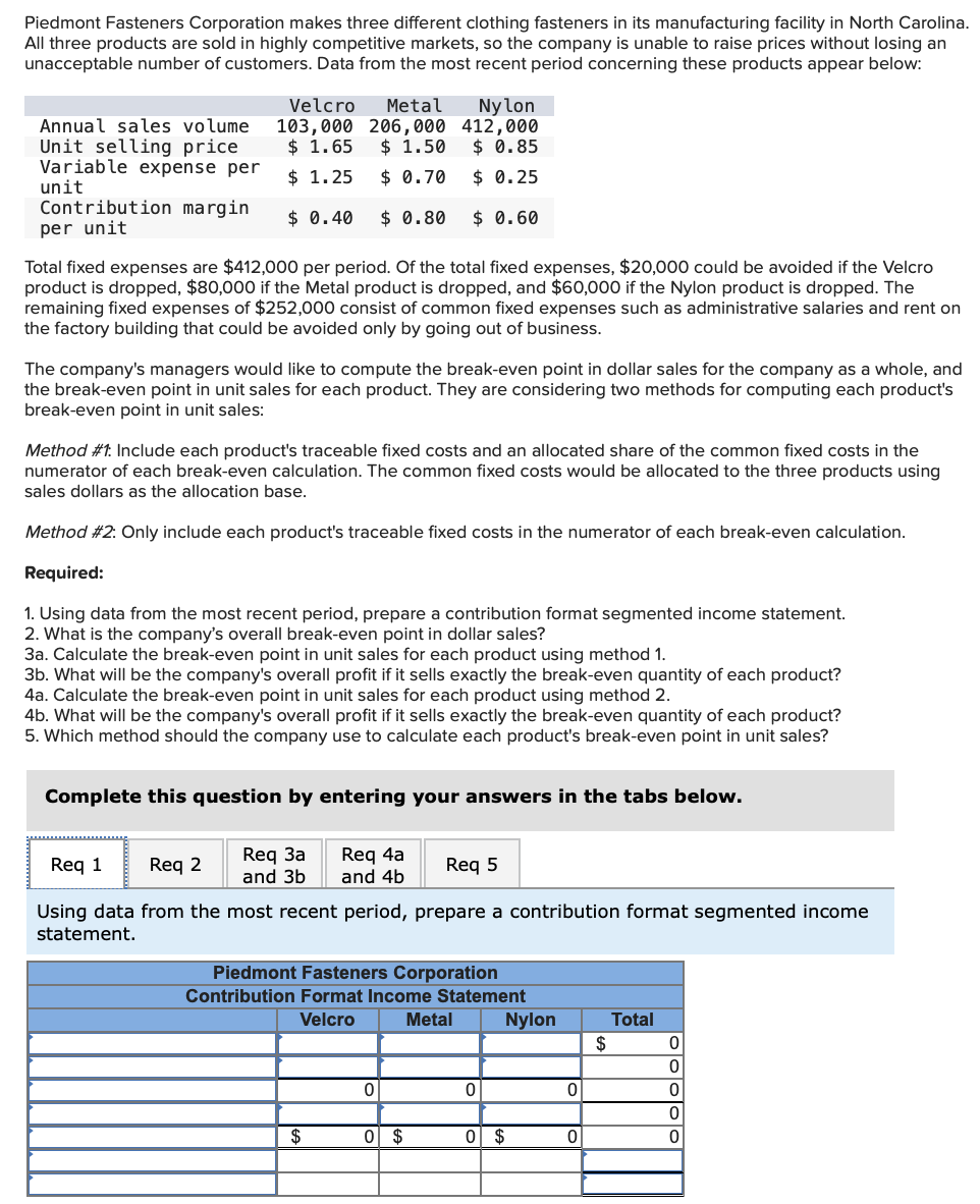 Solved Piedmont Fasteners Corporation makes three different | Chegg.com