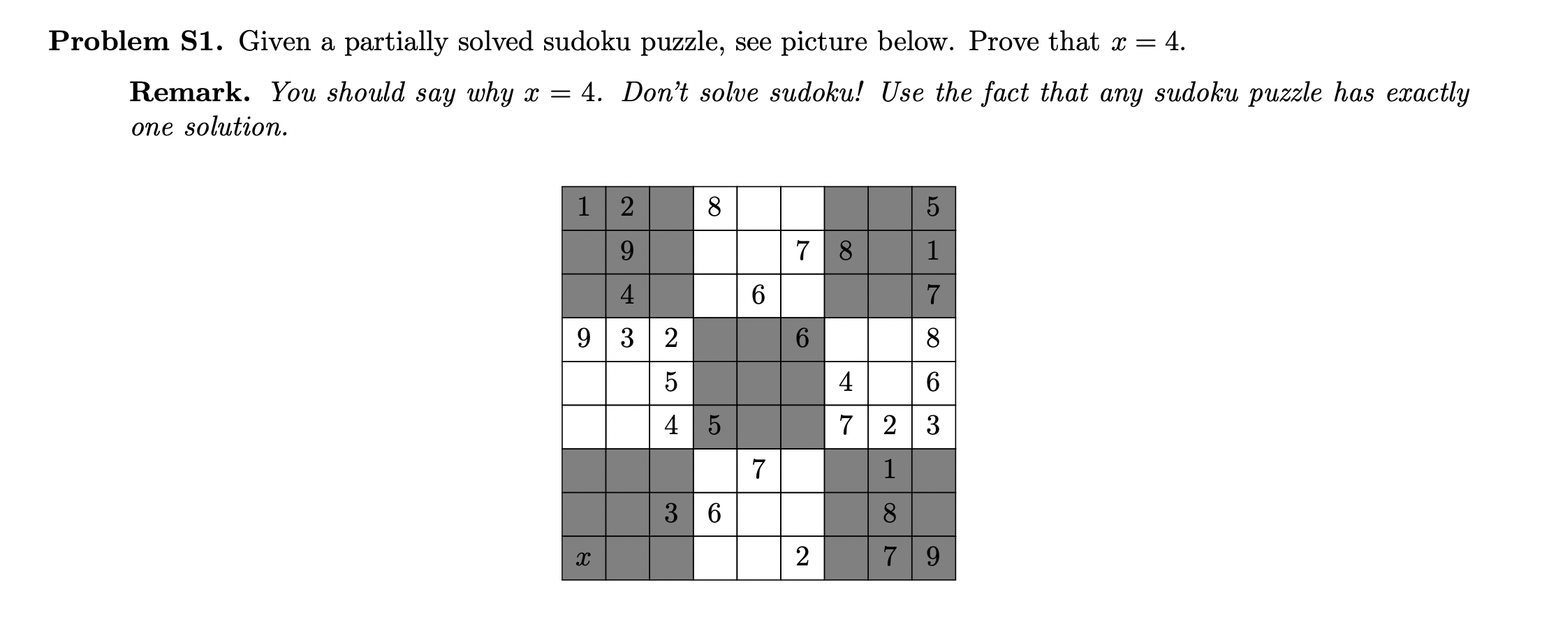 Solved roblem S1. Given a partially solved sudoku puzzle, | Chegg.com