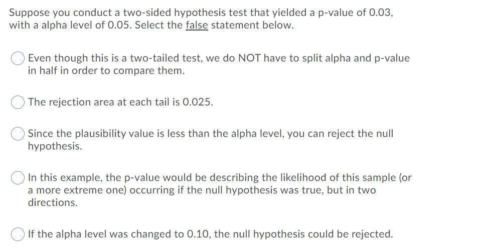 Solved Suppose You Conduct A Two Sided Hypothesis Test That 0441