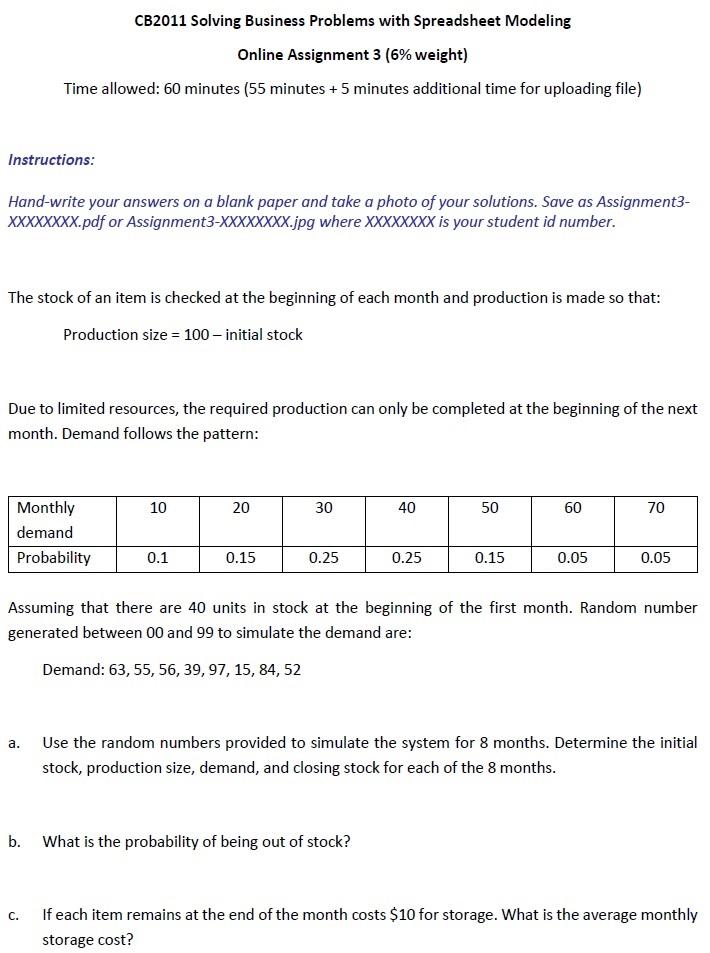 Solved CB2011 Solving Business Problems with Spreadsheet | Chegg.com
