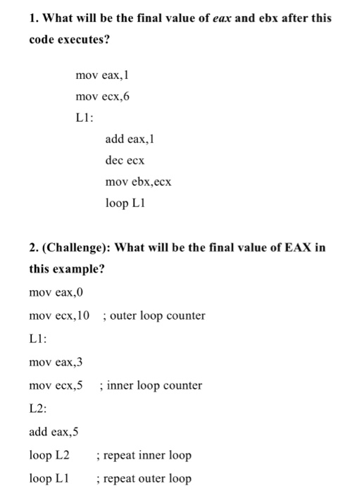 Solved 1. What will be the final value of eax and ebx after | Chegg.com