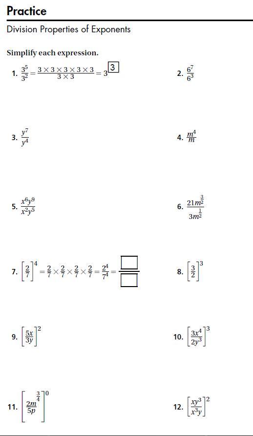 Solved Practice Division Properties of Exponents Simplify | Chegg.com