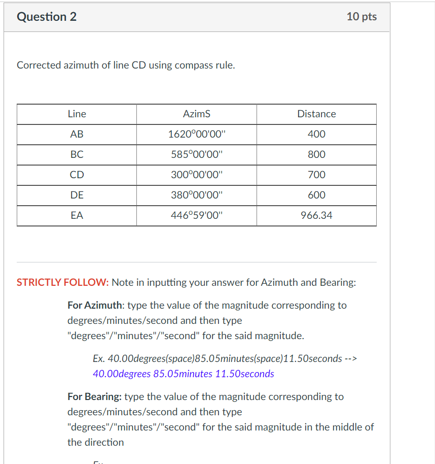 Solved Question 2 10 pts Corrected azimuth of line CD using | Chegg.com