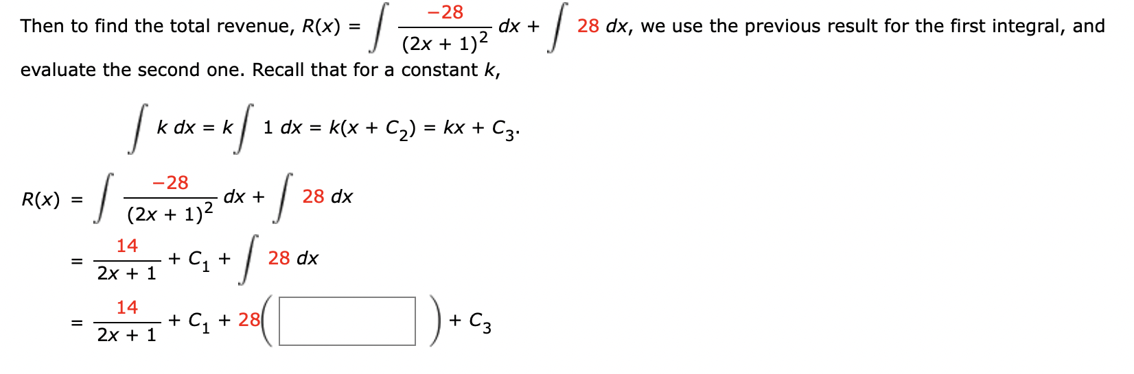 Solved = Then to find the total revenue, R(x) -28 dx + (2x + | Chegg.com
