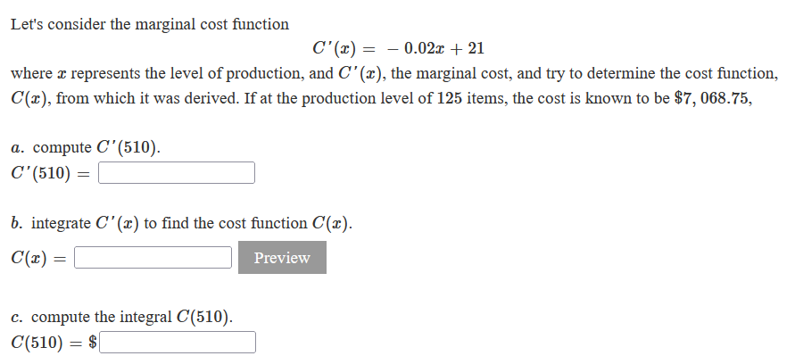Solved = Let's consider the marginal cost function C'(2) = | Chegg.com