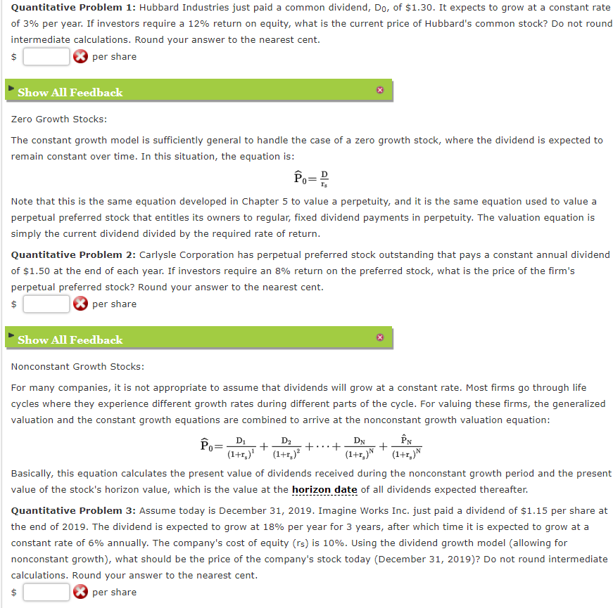 Solved Quantitative Problem 1: Hubbard Industries just paid | Chegg.com