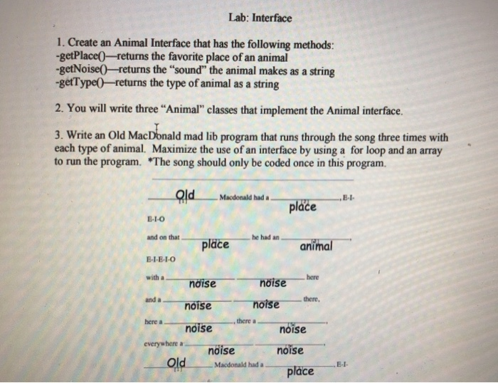 Solved Lab: Interface 1. Create an Animal Interface that has | Chegg.com