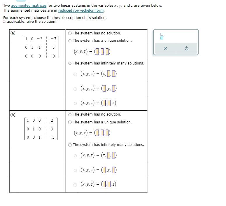 Solved Two augmented matrices for two linear systems in the | Chegg.com