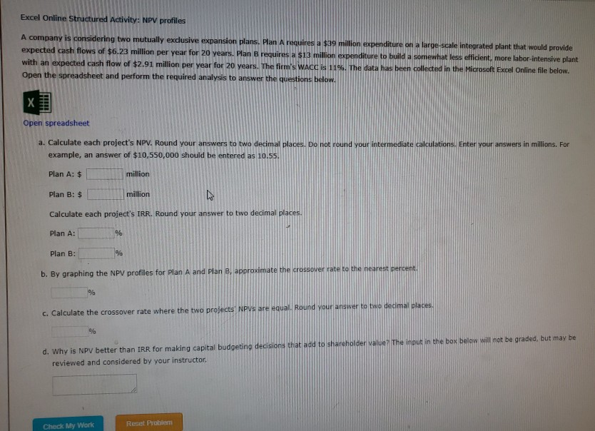 Solved Excel Online Structured Activity: NPV profiles Plan A | Chegg.com