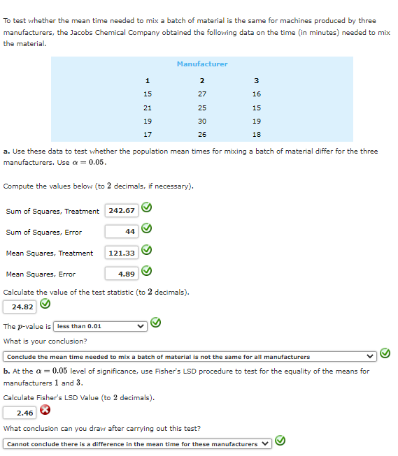 Solved To test whether the mean time needed to mix a batch | Chegg.com